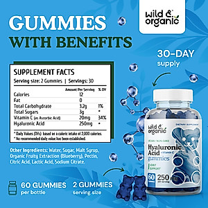 Hyaluronic Acid Gummies 250mg - Pure Hyaluronic Acid Supplements for Joints - Hair Skin and Nails Gummies w/Hyaluronic Acid Powder - Skin Supplement w/Vitamin C Hyaluronic Acid - 60 Vegan Chews