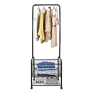 Fishat Metal Rolling Laundry Hamper Butler Cart Basket with Hanging Garment Rack, Storage Organizer with Rack on Wheels Mobile (Black)