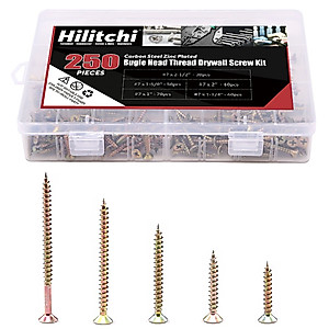 Hilitchi 250-Pcs #7 Phillips Bugle Head Coarse Thread Drywall Screw Assortment Kit, Carbon Steel Zinc Plated, Ideal Screw for Drywall Sheetrock, Wood, and More