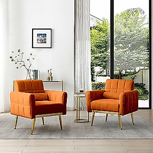 Penifun Teddy Accent Modern Side Gold Legs & Waist Pillow, Single Sofa Couch Armchair Reading Chairs for Living Waiting Room Bedroom Orange