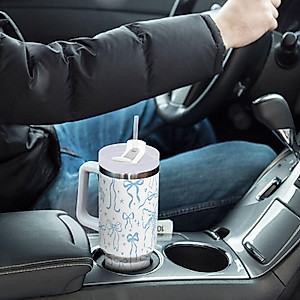 Bseiialft 40 oz Tumbler with Handle Blue Bows Heart Star Water Bottle with Lid and Straw Vacuum Insulated Cup Stainless Steel Travel Coffee Mug for Home Office Car