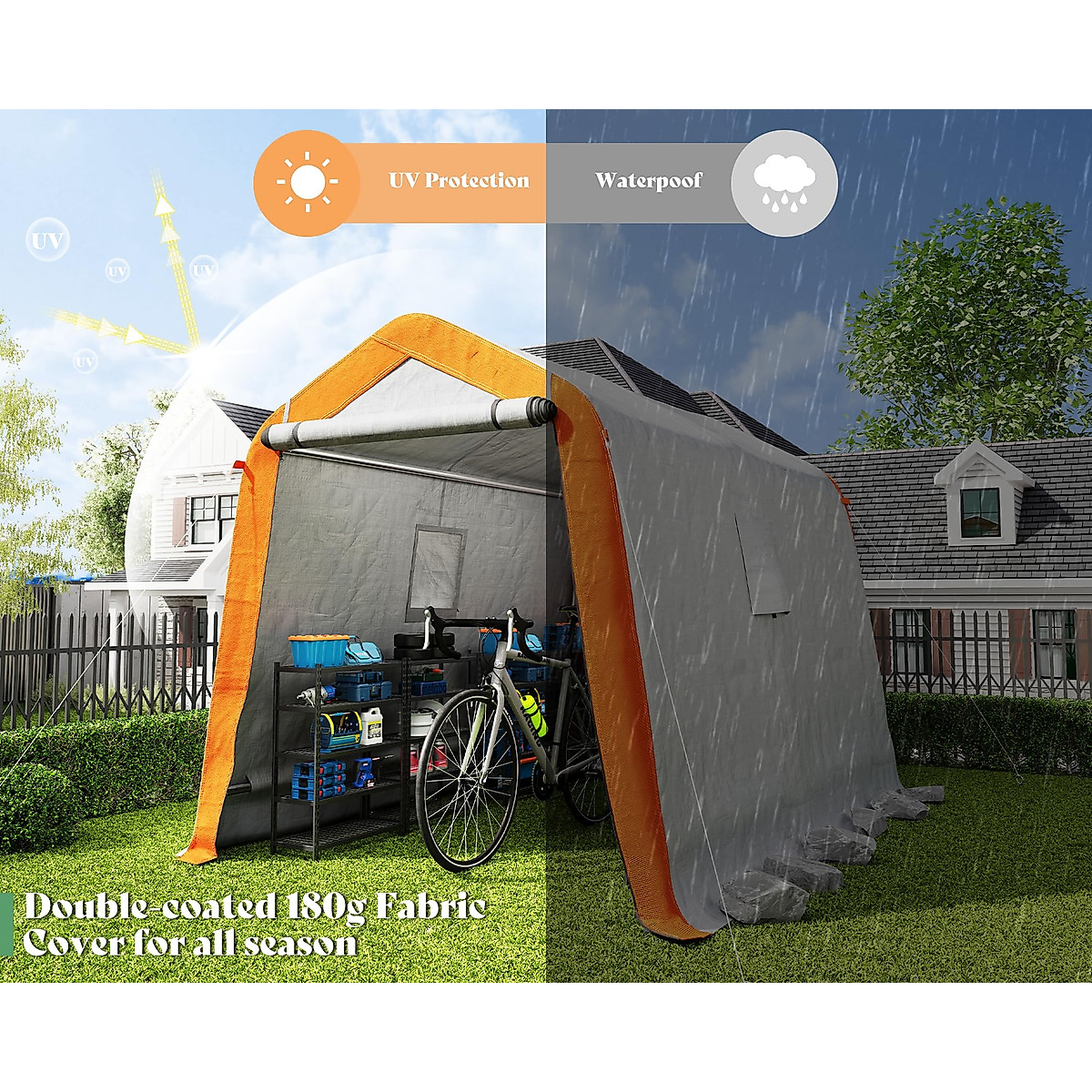 AMERLIFE 6x8x6.6 FT Heavy Duty Portable Shed Storage Shelter, Outdoor Storage Shed with 2 Waterproof Windows & Roll-up Zipper Door, Carport for Motorcycle, Bike, Grey