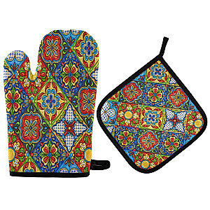 Oven Gloves Pot Holders Mexican Talavera Ceramic Tile Pattern Kitchen Soft Oven Insulation Mitts Heat Resistance Potholder Sets Safe Baking Cooking Microwave