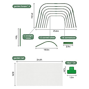 6PCS 25.6 x 31.5 in Garden Hoops, Greenhouse Hoops Kit with 24.6 x 8.2 ft Garden Mesh Cover Net & 24pcs Clips for Vegetable Flowers Fruits Plants Greenhouse Protection from Birds Animals