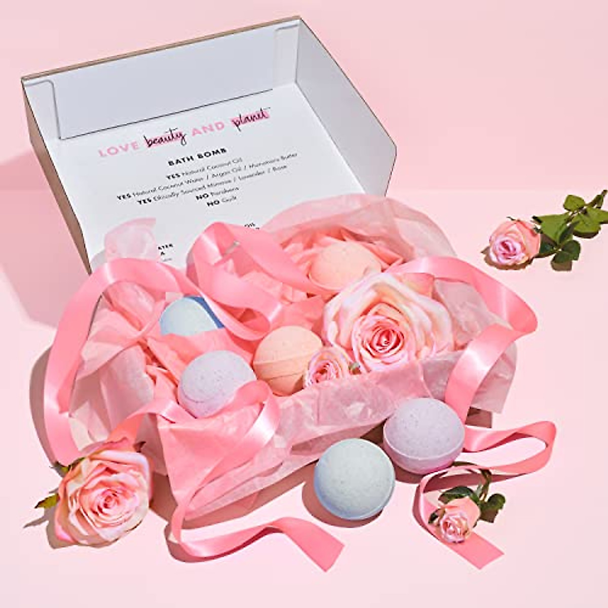 Love Beauty and Planet Bath Bombs Gift Set Gift Ideas for Her, Wife, Bath and Body Pampering Gift Set Murumuru Butter and Rose, Coconut Water and Mimosa Flower, Argan Oil and Lavender Paraben Free