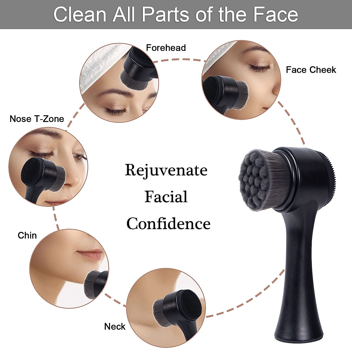 Facial Cleansing Brush 2 in 1, Ooloveminso Face Exfoliating Pore Deep Cleansing Brush, Ultra Fine Soft Bristle Dual Face Wash Brush, Silicone Face Scrubber for Skincare, Black