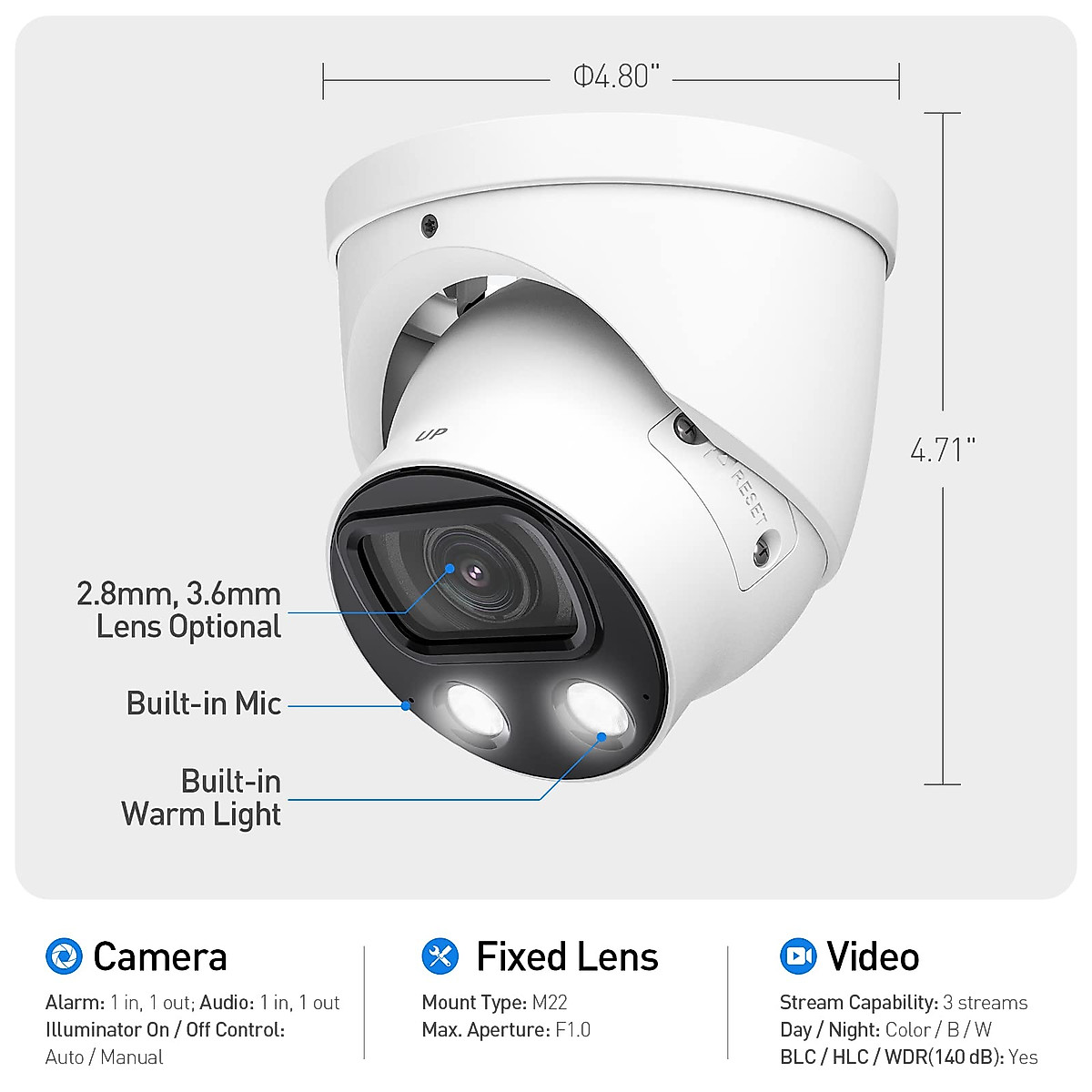 EmpireTech IPC-Color4K-T 4K Full-Color Ultra Low Light 8MP Smart AI Starlight Turret IP Camera 1/1.2" CMOS,Build-in Warm LED, Built-in Mic,SMD 3.0,PoE and ePoE,IPC-Color4K-T 2.8mm White