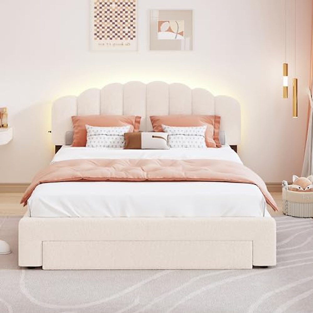 HAUSHECK Upholstered Bed Frame Queen Size with Teddy Fleece Headboard, Big Drawer, Smart LED Lights and 2 USB Ports, Modern Queen Platform Bed Frame w/Wooden Slats Support, No Box Spring Needed