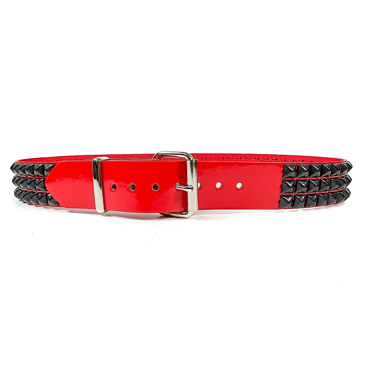 Patent Red Three Row Black Pyramid Stud Belt Vegan Leather Punk Goth Alternative USA Made (XL)