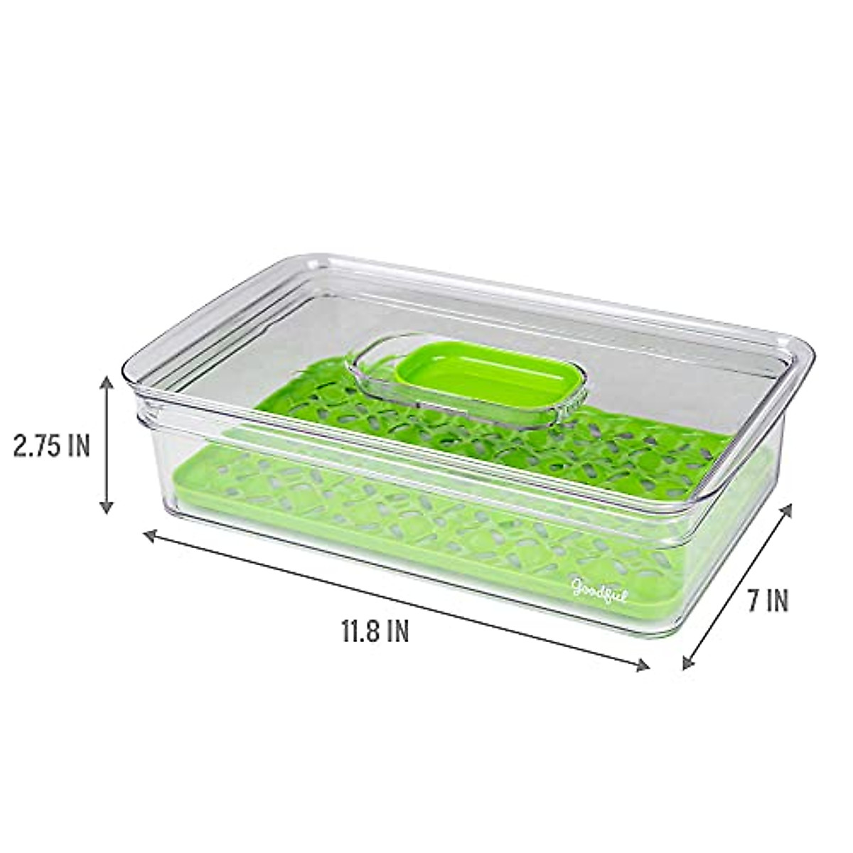 Goodful Produce Keeper, Adjustable Air Vents, Removable Insert/Colander, Durable Food Safe Material, Stackable, Clear and Green, Flat, 11.6" x 6.8" x 2.8"