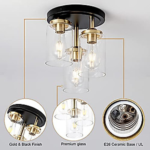 Mayful Semi Flush Mount Ceiling Light, 3-Light Clear Glass Shade Ceiling Light Fixture, Gold Finish Cluster Cylinder Ceiling Light Fixtures for Kitchen Dining Room Hallway Foyer