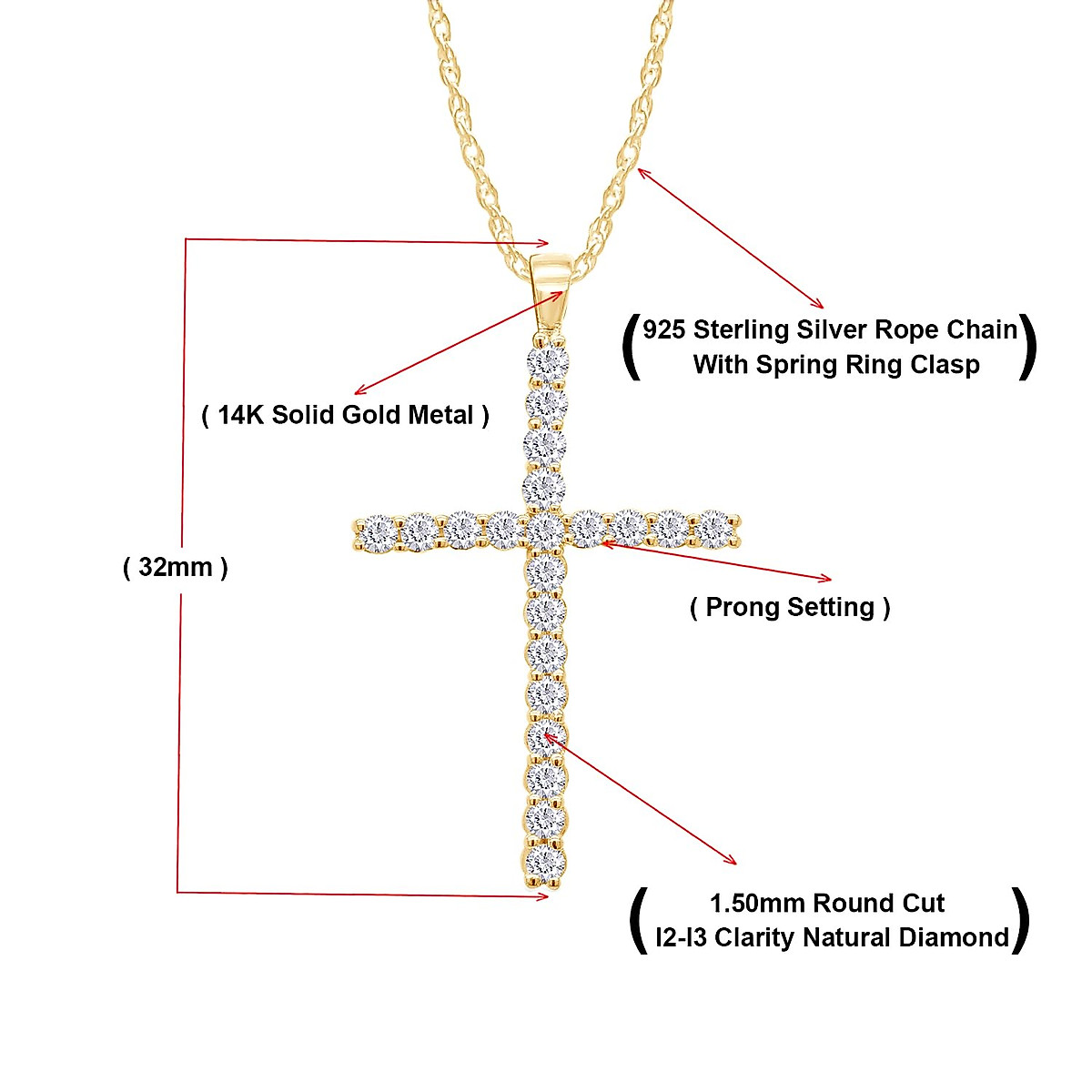 AFFY 0.30 Carat (Cttw) 14K Solid Yellow Gold Round Diamond Ladies Cross Pendant 1/3 CT (Silver Chain in cluded)