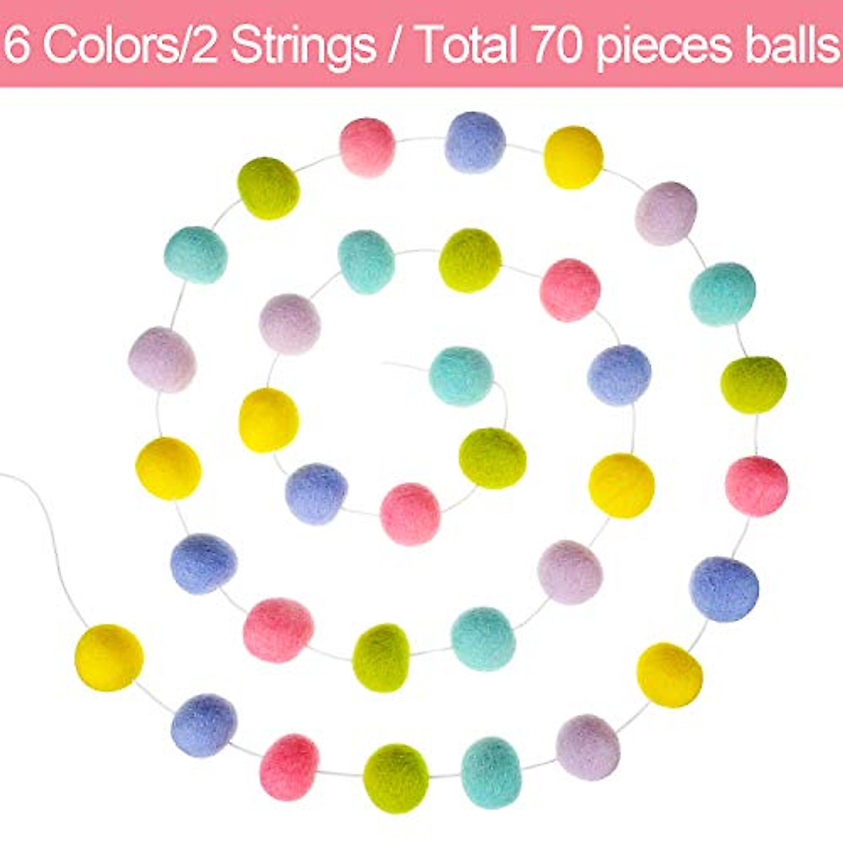 Wool Felt Ball Garland Colourful Felt Ball Pom Pom Garlands 9.84 Feet Long 70 Balls Felt Ball Garlands Hanging Garland Banner for Wall Party Home Decoration (Green, Pink, Yellow, Blue and Purple)