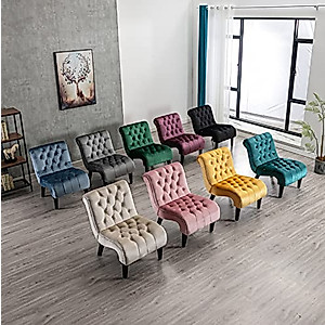 Velvet Accent Lounge Chair for Living Room, Modern Leisure Chair with Tufted Backrest, Indoor Armless Side Chair, Upholstered Bedroom Sleeper Chair with Solid Wood Legs, Grey