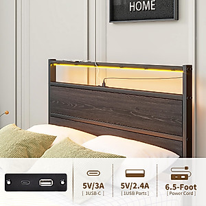 Twin Bed Frame with Headboard/LED Lights,Metal Bed Frame Twin Size with Charging Station,Twin Platform Bed Frame Twin Size No Box Spring Needed,Beds Base,Heavy Duty Metal Slats Support,No Noise,Black
