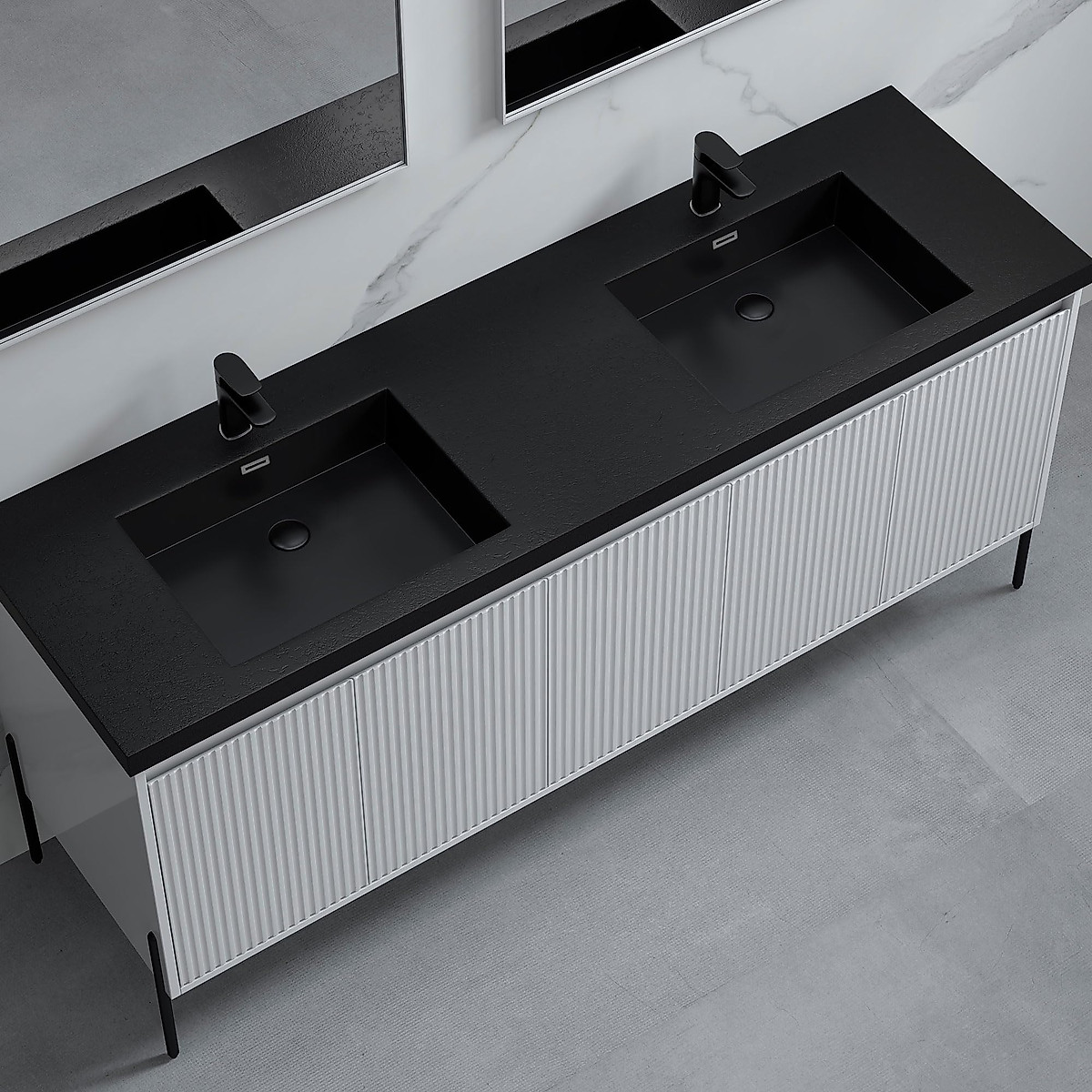 Dowell 72“ Fluted Design Vanity Set – Modern Bathroom Cabinet with Soft-Close Door & Shelf.Glossy White- 002 72 21V/7322BPBL