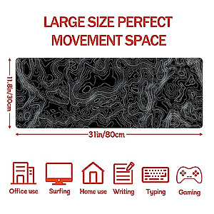 Gaming Mouse Pad Large Desk Mat Topographic Mouse Pad Gaming Mousepad Large 31.5 x 11.8in Desk Mat Desk Pad Extended XL Black Mouse Pad for Keyboard with Anti-Slip Rubber Base Mouse Mat Keyboard Pad