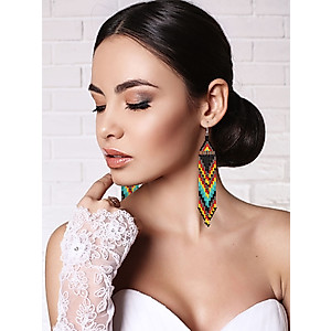 BBTO 4 Pcs Long Beaded Tassel Earrings Bohemia Colorful Native Handmade Statement Fringe Drop Earrings Boho Dangle Tassel Earrings for Women(Exotic)