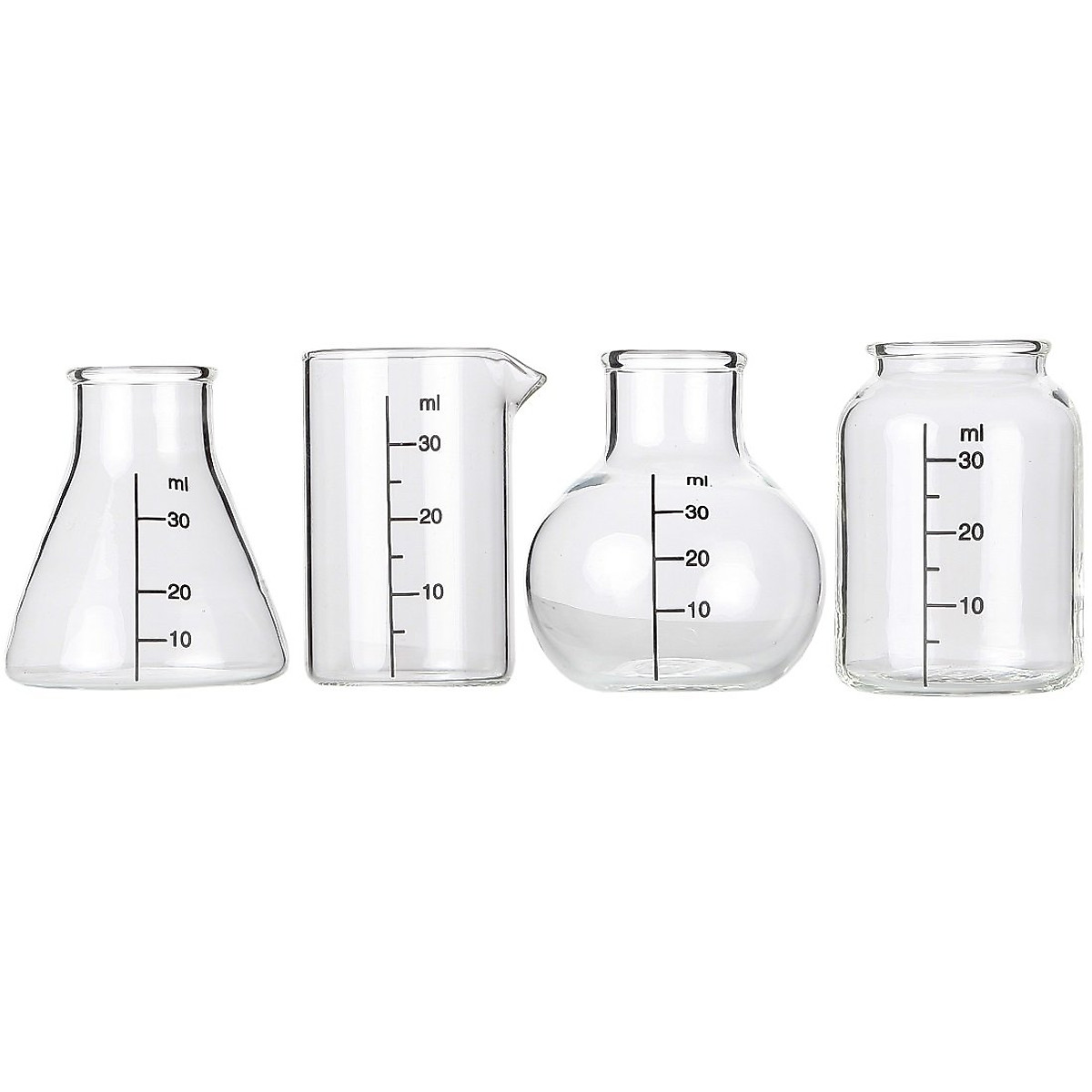 Lily's Home Mini Science Beaker and Flask Shot Glasses, Great Gift for Chemistry and Bio Grads, Nurses and Doctors, Clear 2 to 2 1/8" Tall, Set of 4 Assorted
