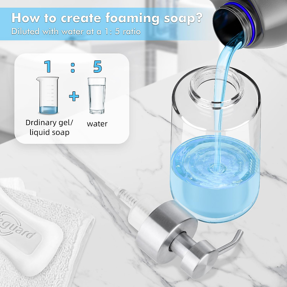 GLUBEE Foaming Soap Dispenser, 15 Oz Glass Hand Soap Dispenser with Rust Proof Stainless Steel Pump, Refillable Clear Foam Soap Dispenser Bottle with Wide Opening for Bathroom Decor & Kitchen