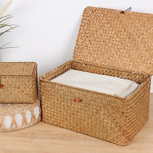 Moosky Wicker Shelf Baskets with Lid,Natural Seagrass Storage Basket Boxes Handwoven Rectangular Baskets Bins Multipurpose Home Organizer Decor (Large)