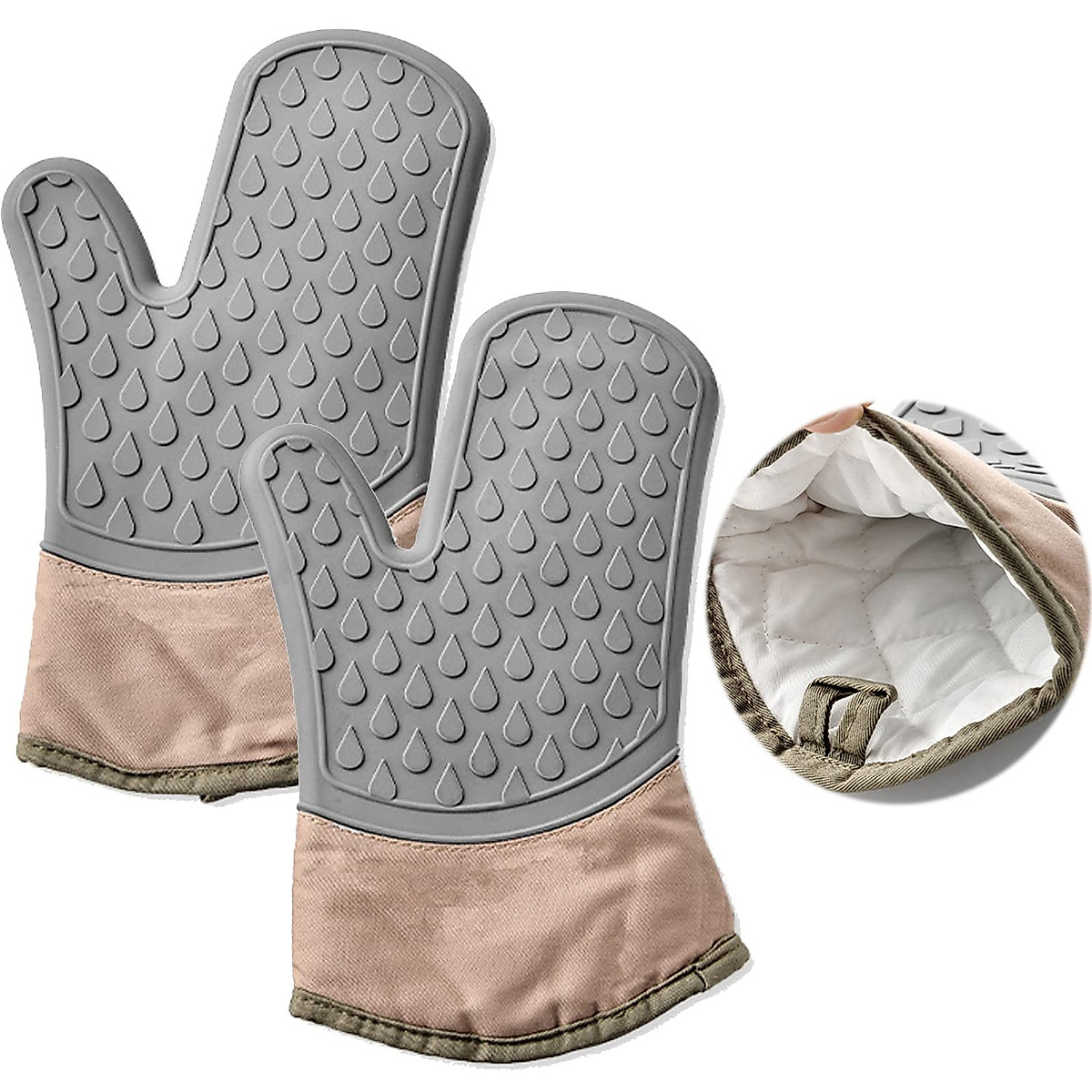 2 Pack Set Silicone Oven Mitts for Kitchen, Quality Oven Mitts with Quilted Liner, Heat and Slip Resistant Flexible Oven Gloves Pot Holders, 1 Pair