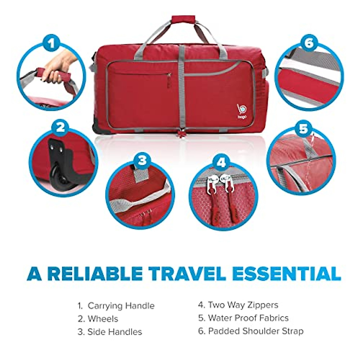 Bago Rolling Duffle Bag with Wheels - 30" 100L Foldable Weekender Bag, Waterproof Travel Duffel Bag, Heavy Duty lightWeight Duffle Bag for Traveling, Rolling Duffel Bag with Wheels (Red)