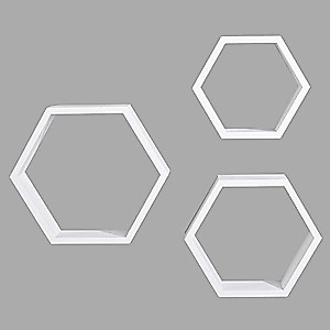AHDECOR Wall Mounted Hexagon Floating Shelves, Wooden Wall Organizer Hanging Shelf for Home Decor, Set of 3, White