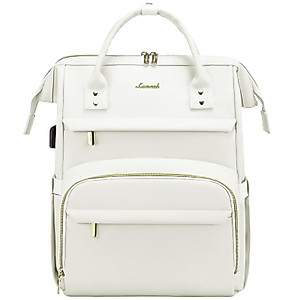 LOVEVOOK Leather Laptop Backpack for Women 17 inch,Travel Backpacks Purse Nurse Teacher Backpack Computer Laptop Bag,Professional College Business Work Bags Carry On Backpack with USB Port,Beige White