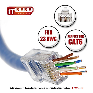 ITBEBE 100 Pieces - Gold Plated RJ45 Cat6 Cat6a Pass Through Connector for 23 AWG Cables