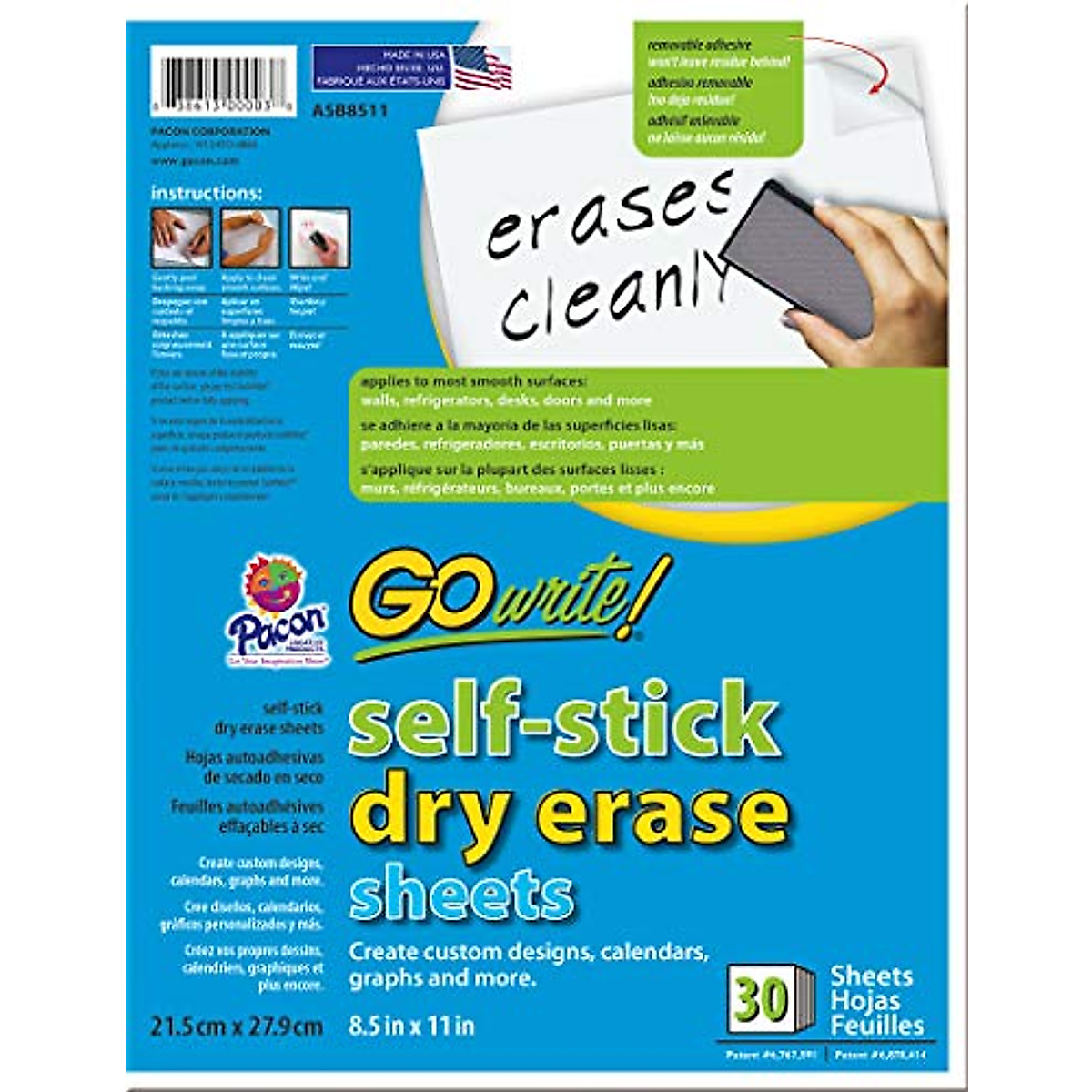 GoWrite! PACASB8511 Self-Adhesive Dry Erase Sheets, White, 8-1/2" x 11", 30 Sheets
