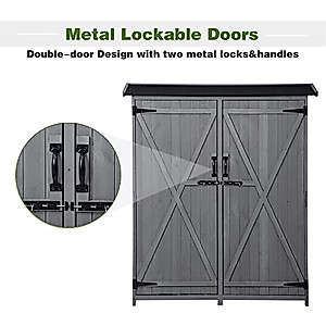 EOVTK Outdoor Wood Storage Shed, 5.3x4.6FT Garden Tool Organizer, Outdoor Storage Cabinet with Waterproof Asphalt Roof & Double Lockable Doors for Backyard Patio, Gray