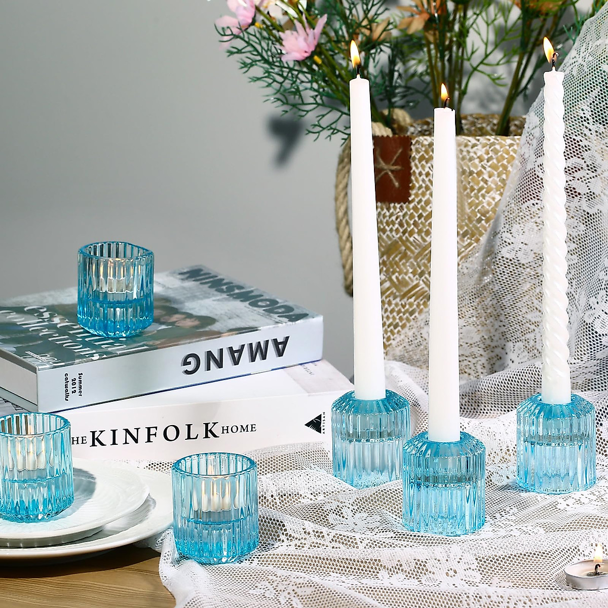 12pcs Candlestick Holders, Blue Glass Taper Candle Holders Candle Holders for Taper Candles, Pillar Candle, Tealight, Votive Candle Holders for Centerpiece Table Decorations