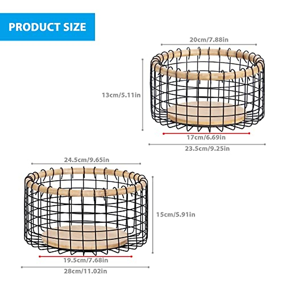 Bamboo Fruit Basket, 2 PCS Fruit Storage Basket Countertop for Kitchen, Counter Metal Wire Vegetable Produce Storage Baskets for Kitchen, Fruits Stand Holder Organizer for Bread Snack Veggies, Black