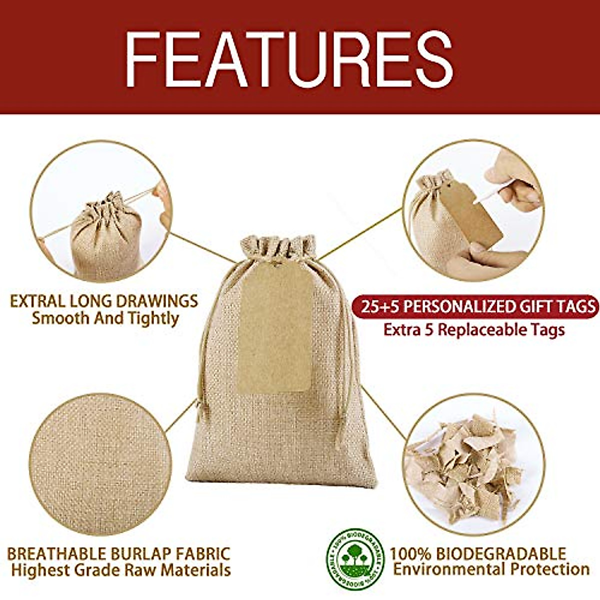 25 Burlap Bags with Drawstring Closure 5" x 7" Closure Gift Bags for Wedding Party, Arts & Crafts Projects, Presents, Snacks & Jewelry, Kitchen Storage Biodegradable Linen Sack Pouch Tags