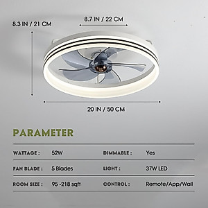 LUDOMIDE Ceiling Fans with Lights, Flush Mount Ceiling Fan with Lights and Remote, 6 Wind Speeds Smart Low Profile Ceiling Fan for Bedroom, Dining Room and Kitchen 20" (White)