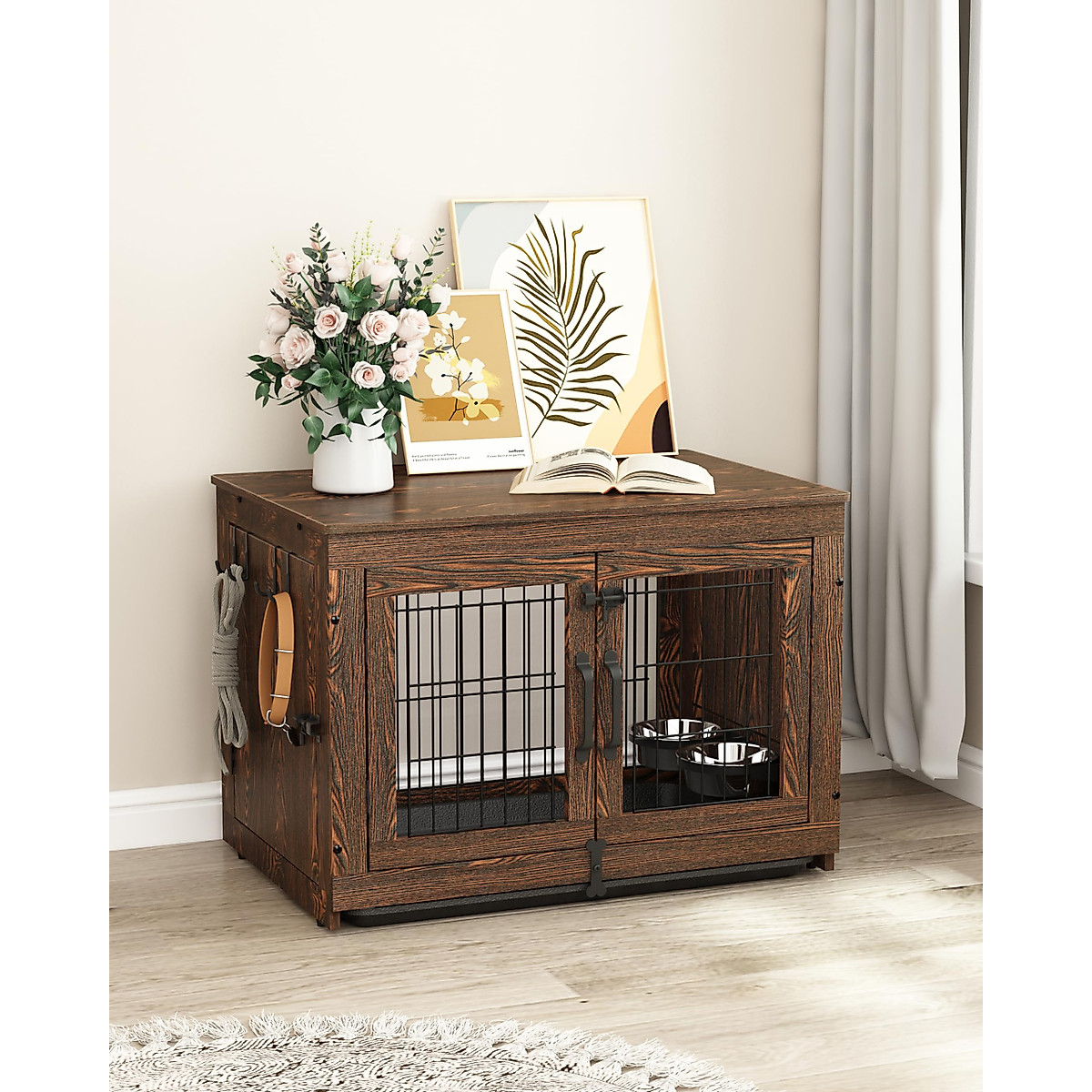Piskyet Wooden Dog Crate Furniture with 360°Rotatable Removable Dog Bowls, Dog Crate End Table with Tray, Double Doors Dog Kennels for Dogs(M:31.8" L*22.1" W*24.1" H, Rustic Style)