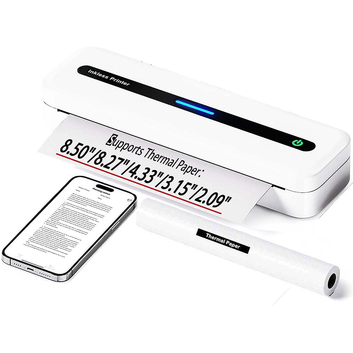 Portable Printer Wireless Bluetooth for iPad iPhone Android - A4 Inkless Laptop Printer for 2"/3"/4"/8.26"/8.5x11 Thermal Paper - 300DPI Mobile Printer for Vehicle Travel Home Office School Dorm