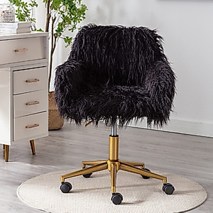 SSLine Faux Fur Vanity Chair Elegant Pink/White/Grey Furry Makeup Desk Chairs for Girls Women Modern Comfy Fluffy Arm Chair with Wheels in Bedroom Living Room (Black&Gold)