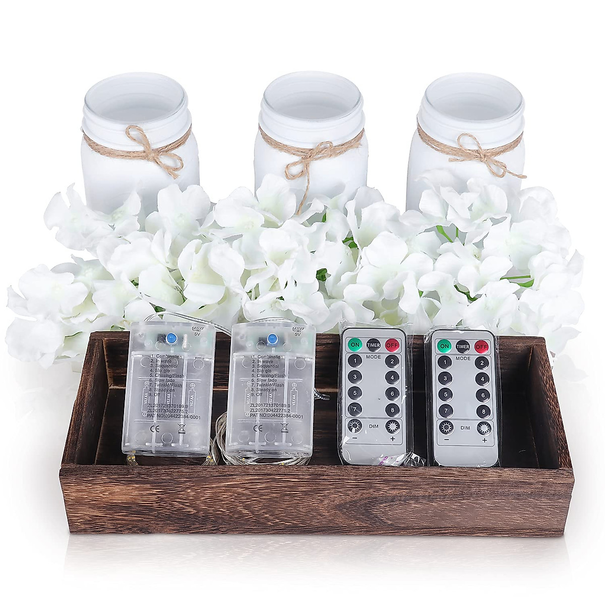 Waenerec Mason Jar Lighted Centerpiece Table Decorations Wood Tray with White Hydrangea Artificial Flowers Rustic Country Farmhouse Mason Jars Decor for Coffee Table Dining Room Living Room Kitchen