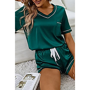 CHYRII Women Silk Pajamas Sets Soft Satin Two Piece Pj Sets Short Sleeve and Shorts Loungwear Sets Sleepwear Green M