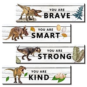 UBLURO 4 Pieces Dinosaur Motivational Wall Art Decors - Dinosaur Wooden Hanging Wall Prints Plaques， Dinosaur Room Decor for for Kids Boys Nursery Bedroom Decorations