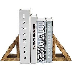 MyGift Rustic Burnt Wood Office Decor Bookends with Triangular Design, Decorative Wooden Bookend Book Stand with Brass Tone Ring Accent, 1 Pair