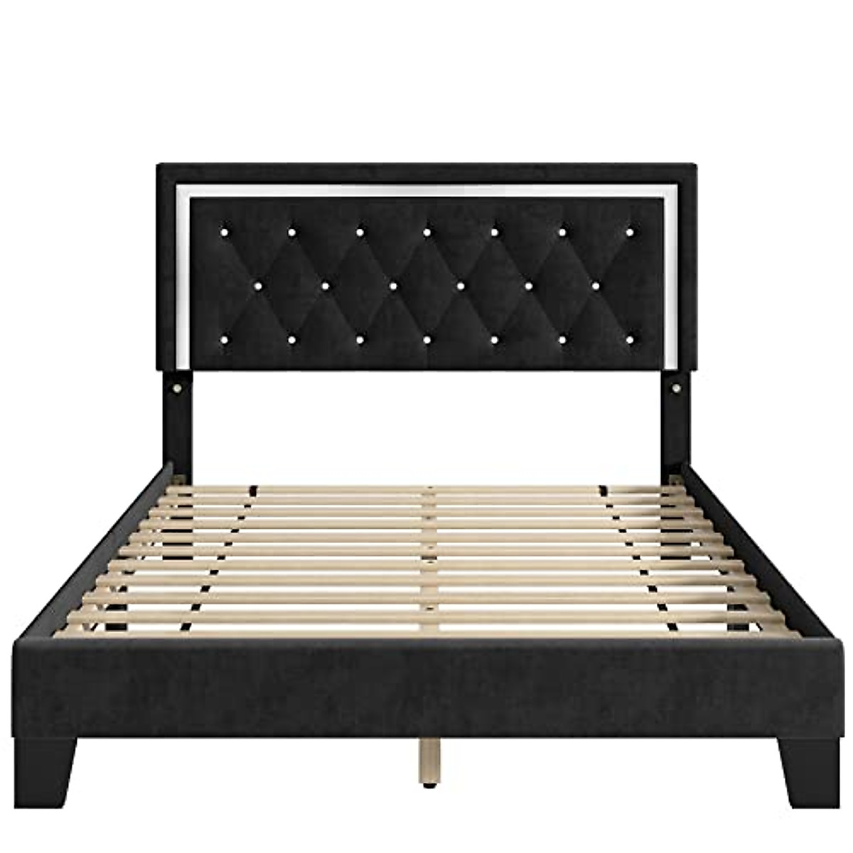 HITHOS Full Bed Frame, Upholstered Platform Bed Frame with Modern Adjustable Headboard, Diamond Tufted Mattress Foundation with Wooden Slat Support, No Box Spring Needed, Easy Assembly (Full, Black)