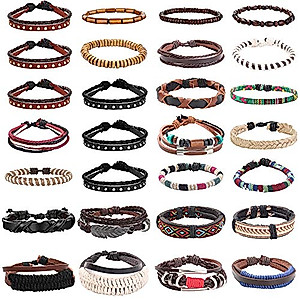 ORAZIO 35 Pcs Mens Braided Leather Bracelets Set for Women Cool Boho Ethnic Tribal Wooden Bead Cuff Wrap Bracelet Handmade Wrist Adjustable