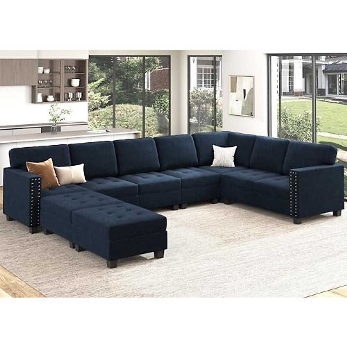 HONBAY Velvet Convertible Sectional Sofa with Storage Ottoman Oversized U Shaped Couch with Reversible Chaise Corner Sectional Sofa, Dark Blue