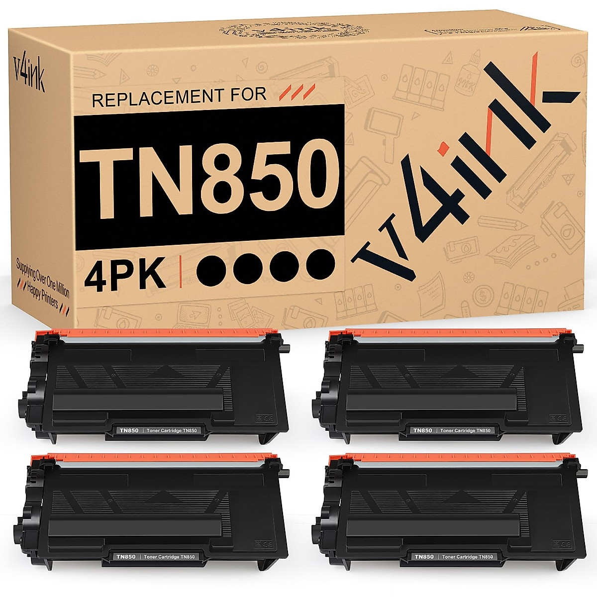 v4ink Compatible Toner Cartridge Replacement for Brother TN850 TN-850 TN-820 TN820 use with HL-L5200DW HL-L6200DW MFC-L5700DW MFC-L5800DW MFC-L5900DW DCP-L5600DN Printer (4 Packs, New Version)