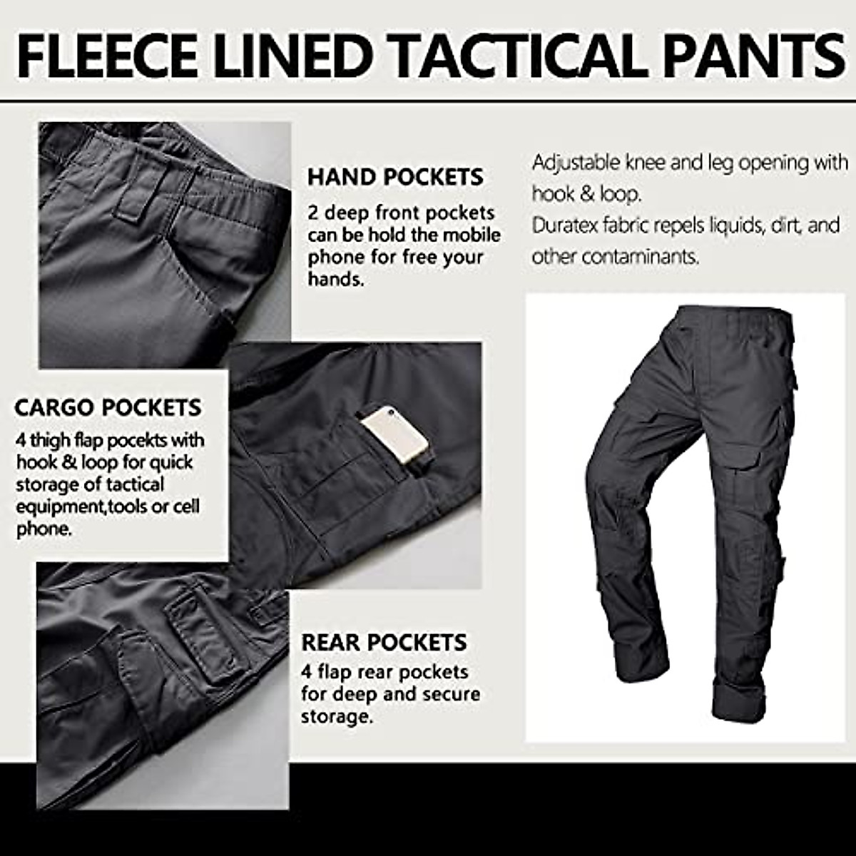 TRGPSG Mens Hiking Pants, Fleece Lined Snowboard Pants, Multi-Pocket Windproof Snow Ski Pants, Soft Shell Warm Winter Pants JRG3 Black 32