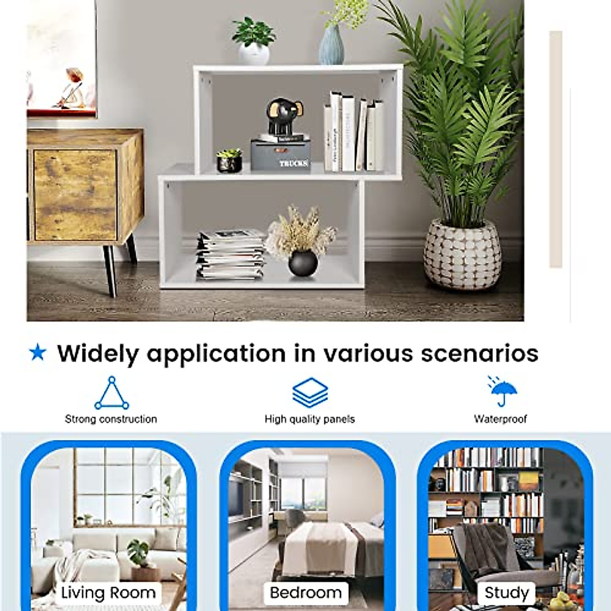 Giantex 3-Tier Geometric Bookshelf White, 28’’ Tall Wood S-Shaped Display Shelves, Freestanding Open Shelves Nightstand, Floor Standing Display Shelf Bookcase for Living Room, Bedroom