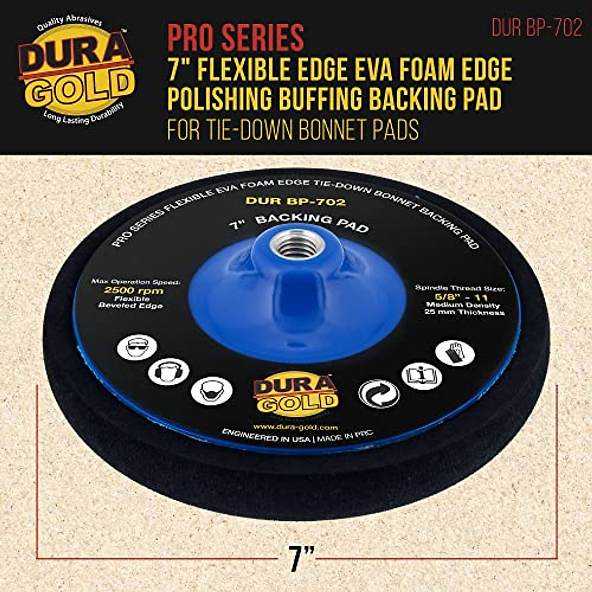 Dura-Gold Pro Series 7" Flexible Edge EVA Foam Edge Polishing Buffing Backing Pad for Tie-Down Bonnet Pads, Sheepskin Wool - Rotary Polisher Buffer Backup Pad - Automotive Car Detailing